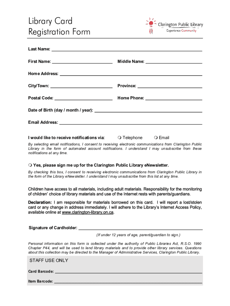 Fillable Online Library Card Registration Form - clarington-library.on ...