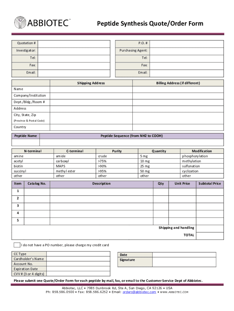 Fillable Online Peptide Synthesis Order Form - abbiotec.com Fax Email ...