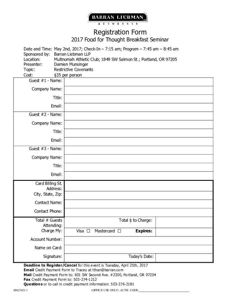 Fillable Online 2017 Bfast Registration Credit Payment Form (00623021 ...