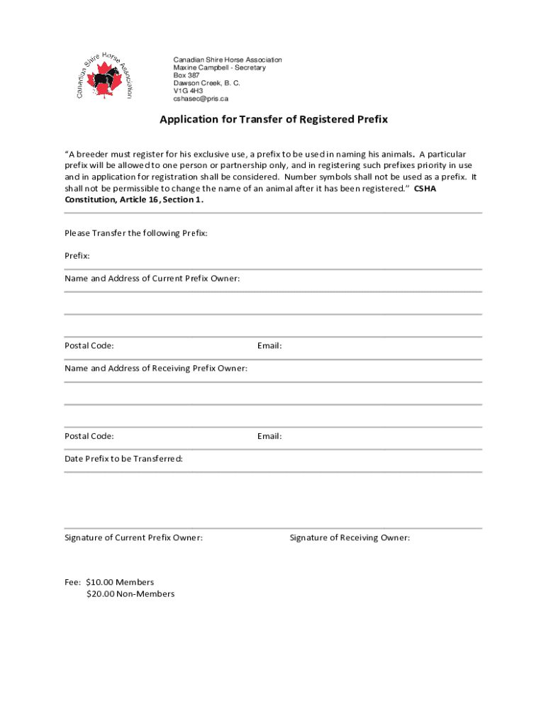 Fillable Online Application for Transfer of Registered Prefix Fax Email Print - pdfFiller