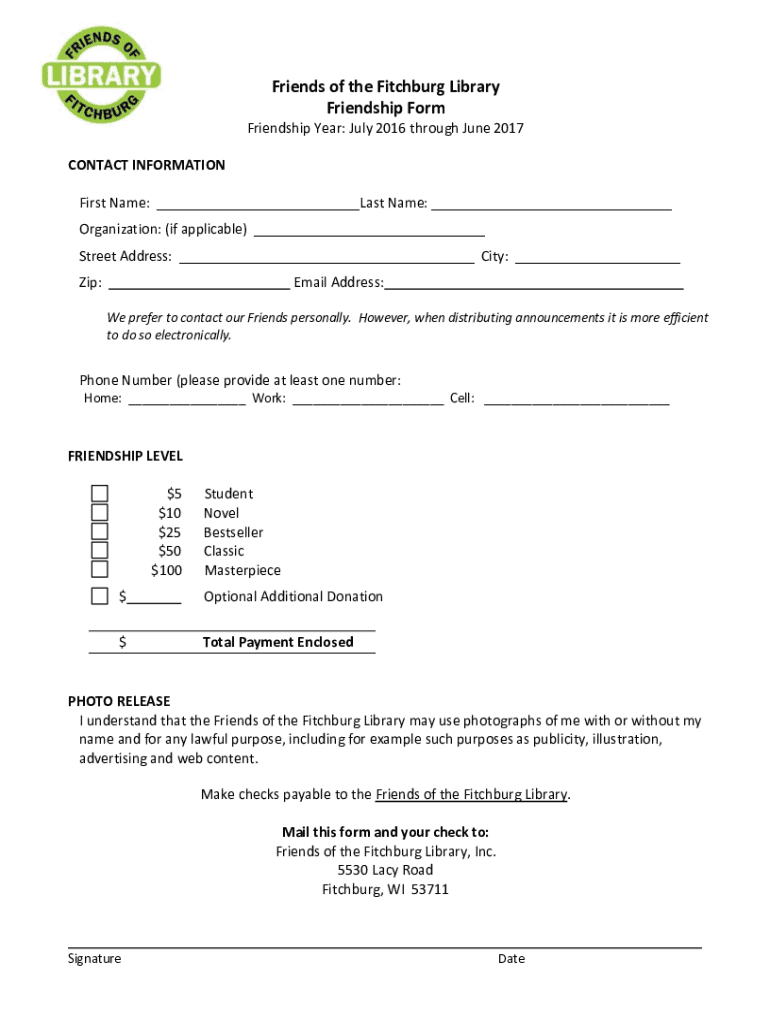 Fillable Online Friendship Form 12.15 Fax Email Print - pdfFiller