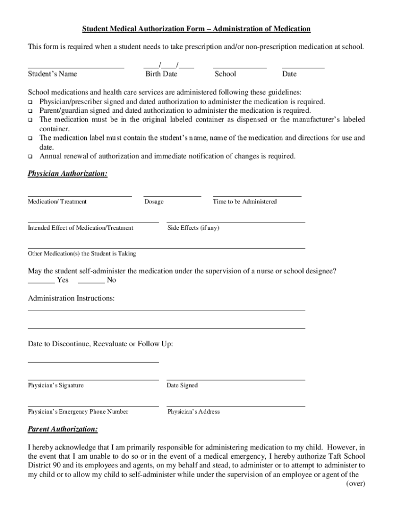 Fillable Online Student Medical Authorization Form Administration of ...