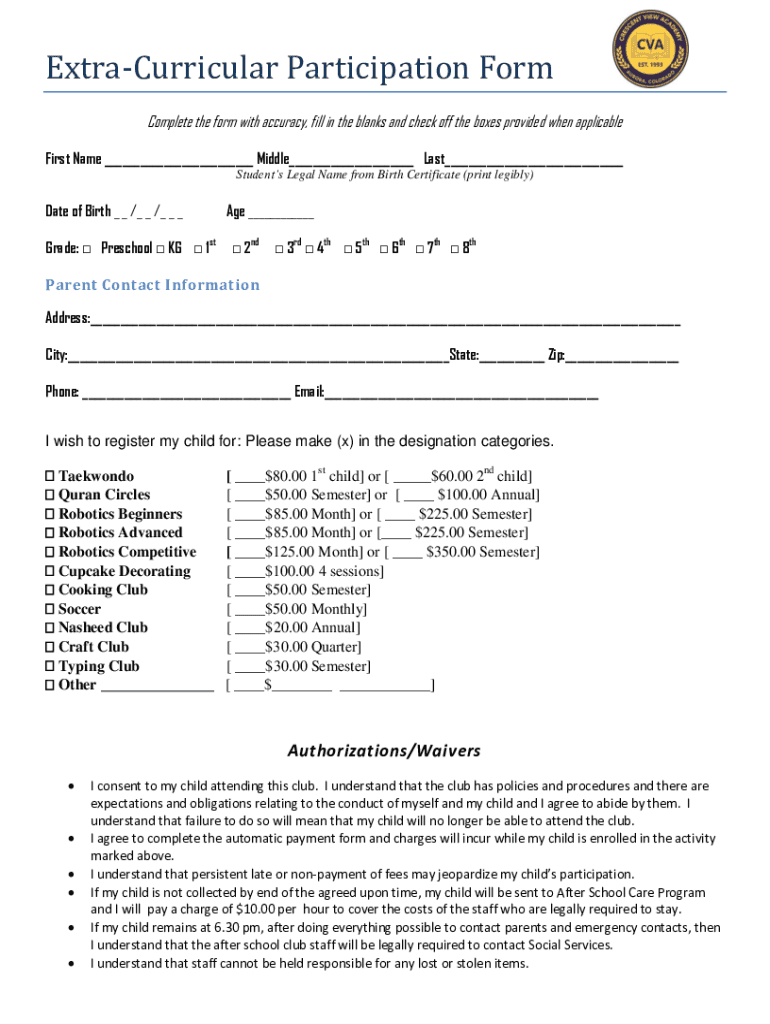 Fillable Online Extra-Curricular Participation Form Fax Email Print ...
