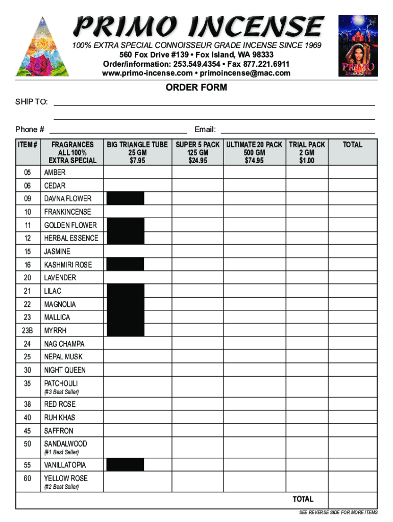Fillable Online ORDER FORM - Primo Incense Official Site: Primo Extra ...