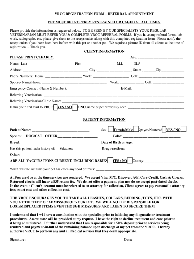 Fillable Online VRCC REGISTRATION FORM REFERRAL APPOINTMENT Fax Email ...