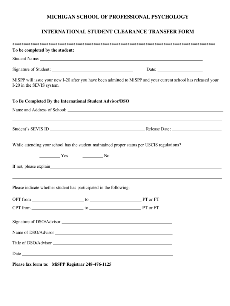 Fillable Online INTERNATIONAL STUDENT CLEARANCE TRANSFER FORM Fax Email ...