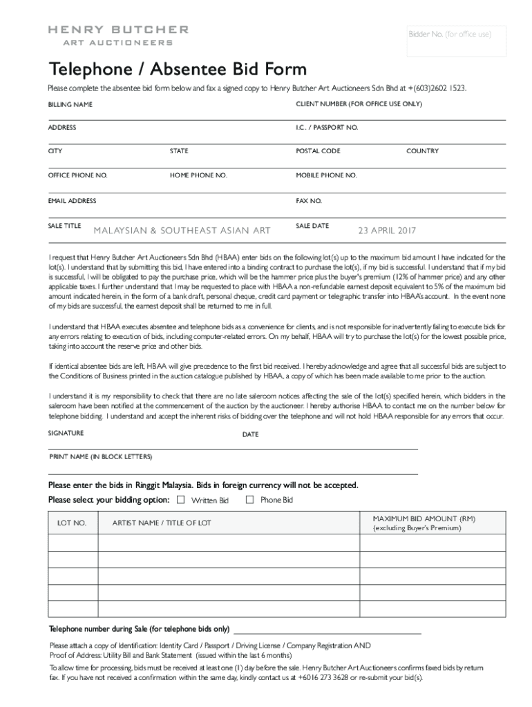 Fillable Online Telephone / Absentee Bid Form Fax Email Print - pdfFiller