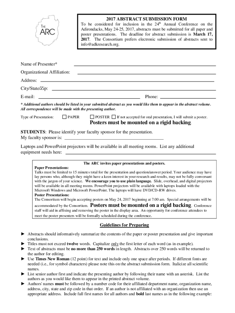 Fillable Online 2017 ABSTRACT SUBMISSION FORM Fax Email Print - pdfFiller