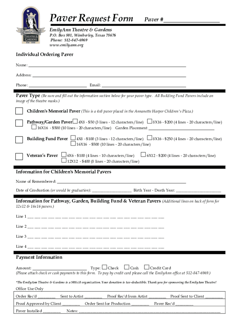 Fillable Online Paver Request Form Fax Email Print - pdfFiller
