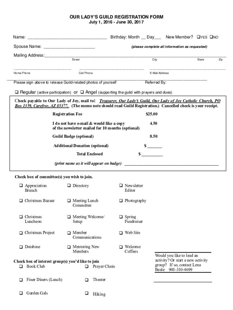 Fillable Online OUR LADYS GUILD REGISTRATION FORM Fax Email Print ...