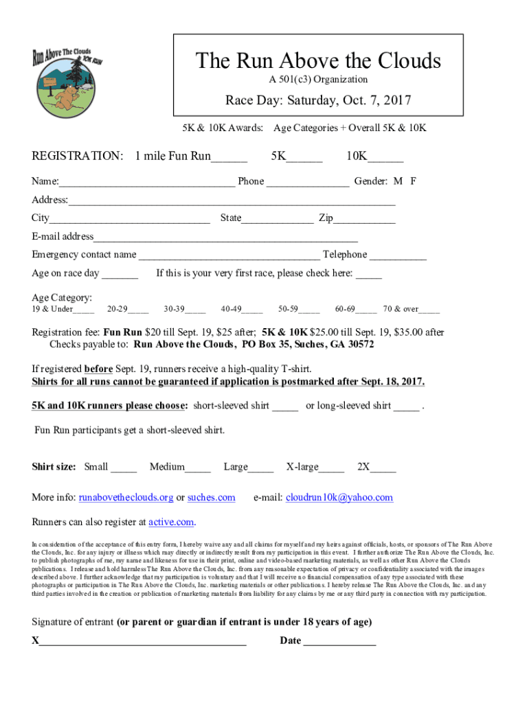 Fillable Online The Run Above the Clouds 10k/5k Race Information, Deals ...
