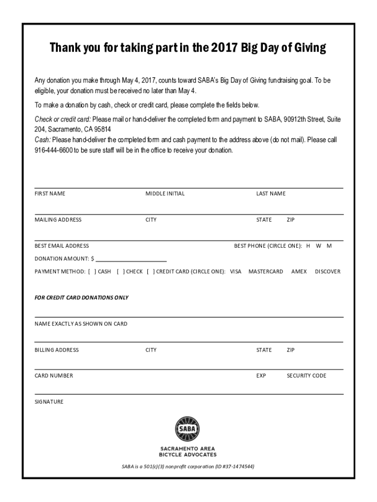 Fillable Online Thank you for taking part in the 2017 Big Day of Giving ...