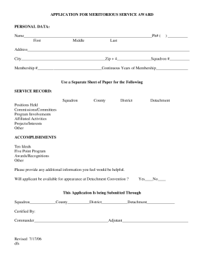 Fillable Online APPLICATION FOR MERITORIOUS SERVICE AWARD Fax Email ...