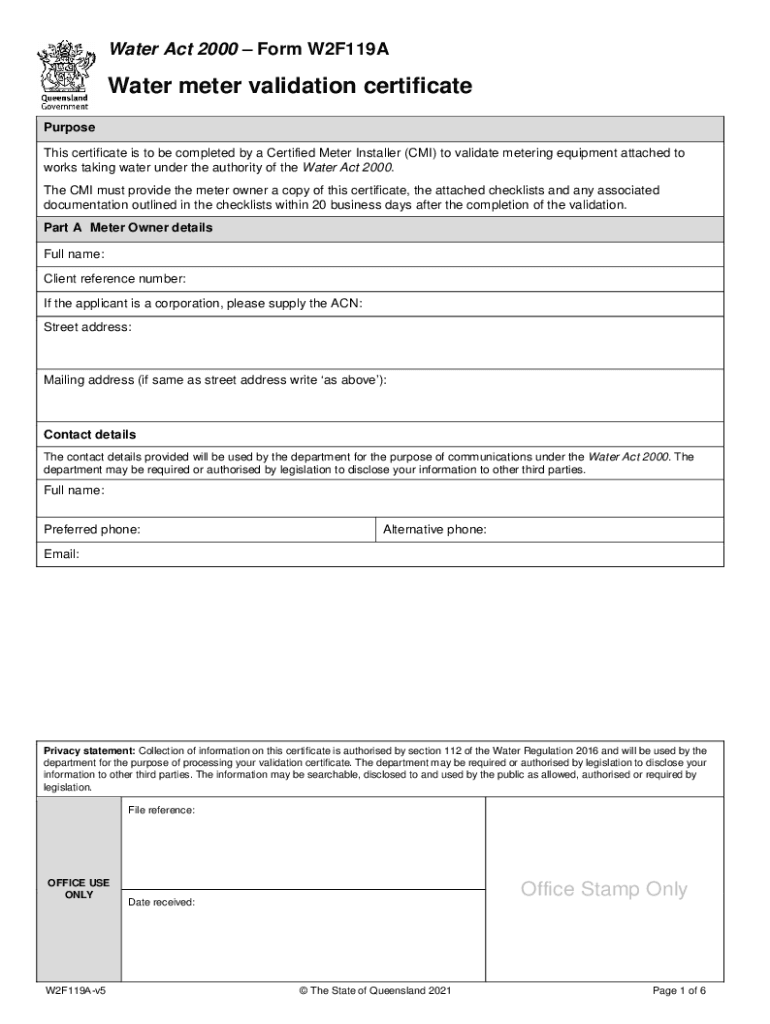 Fillable Online Form W2F119A: Water meter validation certificate Fax ...