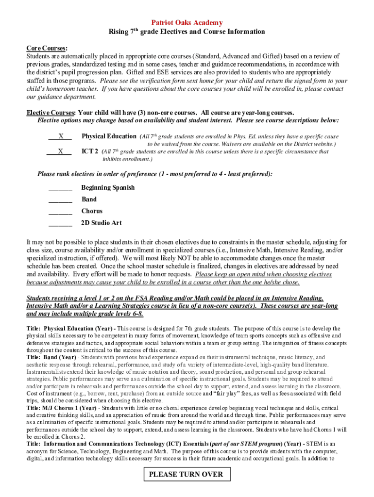 Fillable Online www-poa stjohns k12 fl 7th grade elective form 2017-18 ...