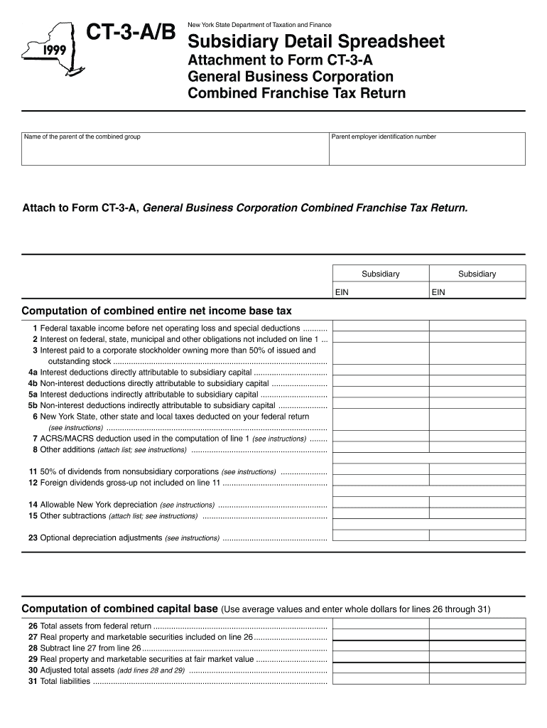 Fillable Online tax ny Form CT-3-A/B: 1999, Subsidiary Detail ...