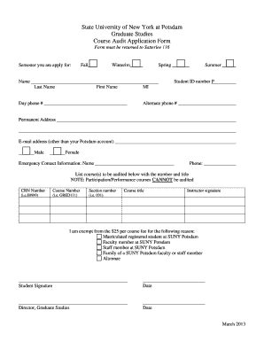 Fillable Online potsdam Course Audit Application Form - SUNY Potsdam ...