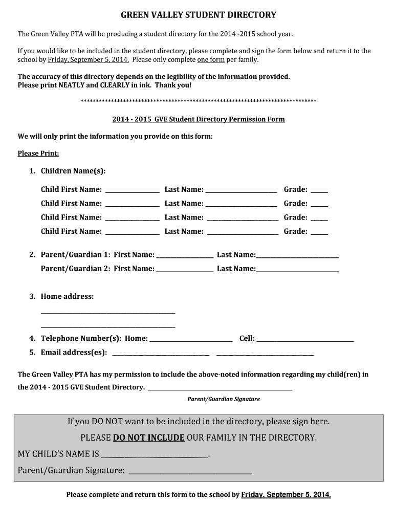 Fillable Online GREEN VALLEY STUDENT DIRECTORY Fax Email Print - pdfFiller
