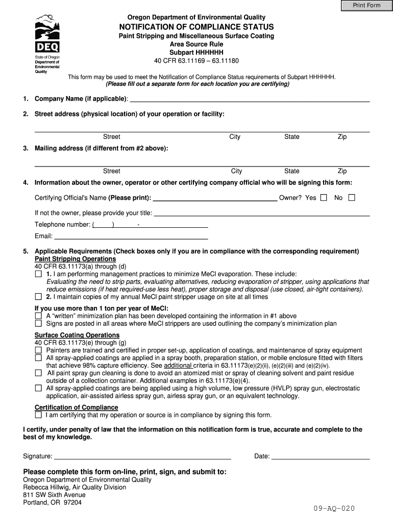 Fillable Online deq state or NOTIFICATION OF COMPLIANCE STATUS 09-AQ ...