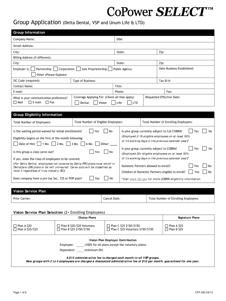 Fillable Online Group Application (Delta Dental, VSP and Unum Life ...
