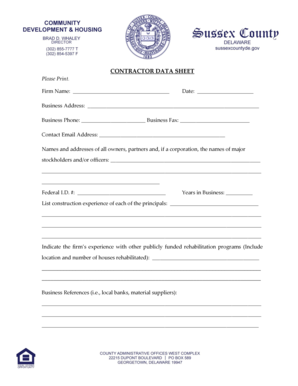 Fillable Online sussexcountyde CONTRACTOR DATA SHEET Contractors Data ...