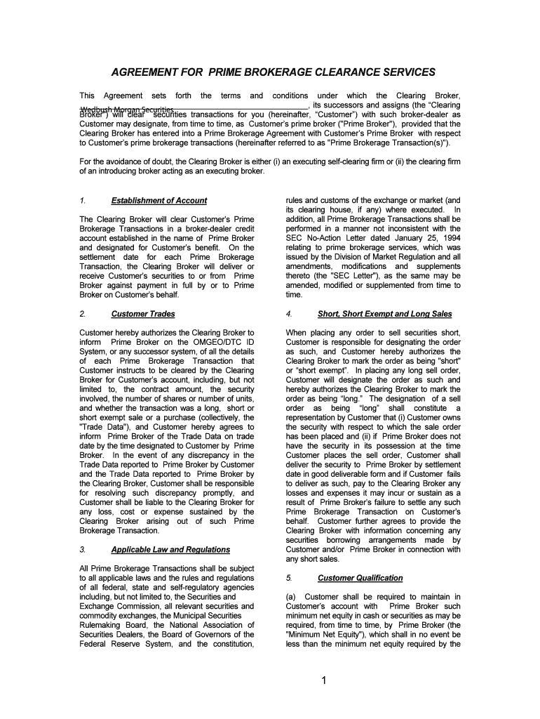 Fillable Online Standard Forms, Agreement For Prime Brokerage Clearance ...