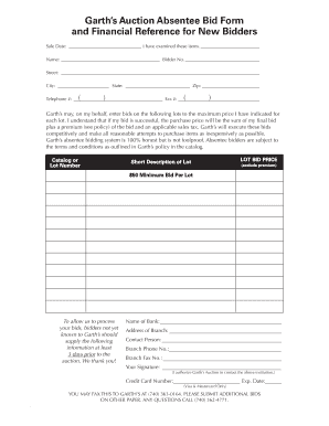 Fillable Online Garth's Auction Absentee Bid Form and Financial ...