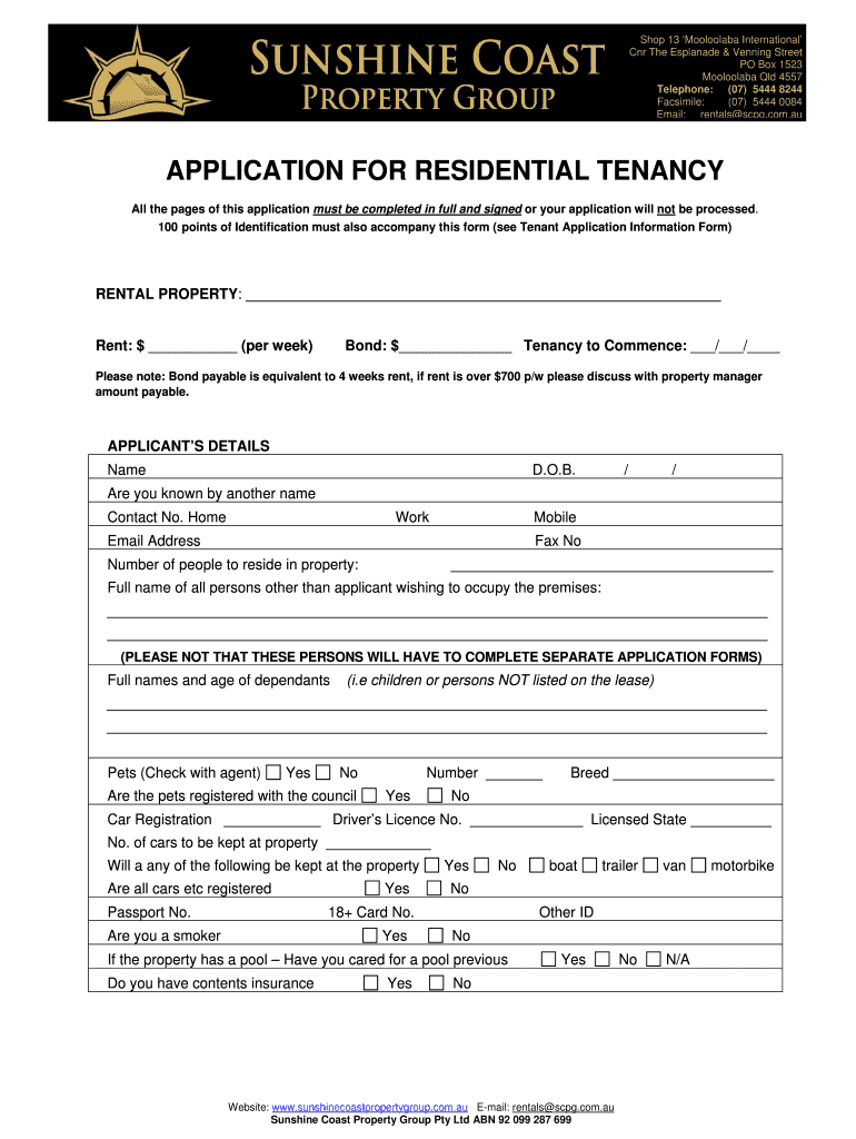 Fillable Online Application for residential tenancy - Sunshine Coast ...