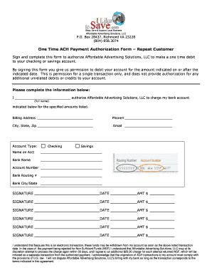 Fillable Online One Time ACH Payment Authorization Form ...