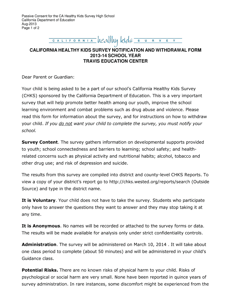 Fillable Online CHKS Passive Consent Form High School - Research (CA ...