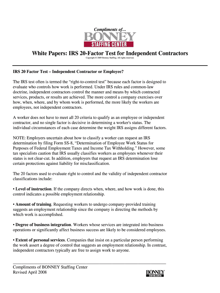 Fillable Online IRS 20-Factor Test for Independent Contractors - BONNEY ...