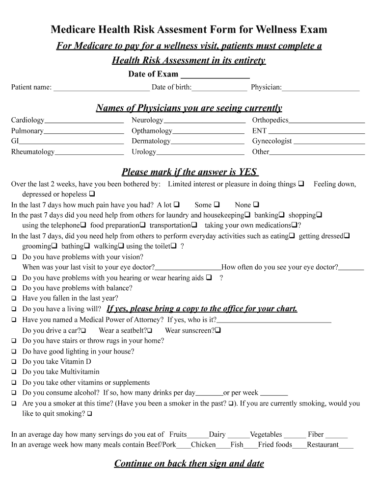 Fillable Online Medicare Health Risk Assesment Form for Wellness Exam ...