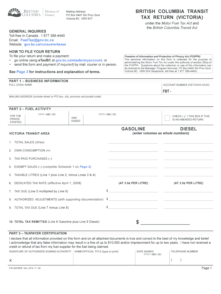 Fillable Online sbr gov bc FIN 450, British Columbia Transit Tax Return ...