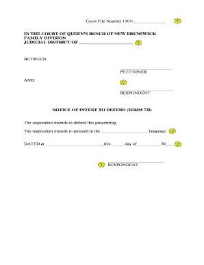Fillable Online pxw1 snb NOTICE OF INTENT TO DEFEND (FORM 72I) Fax Email Print - pdfFiller