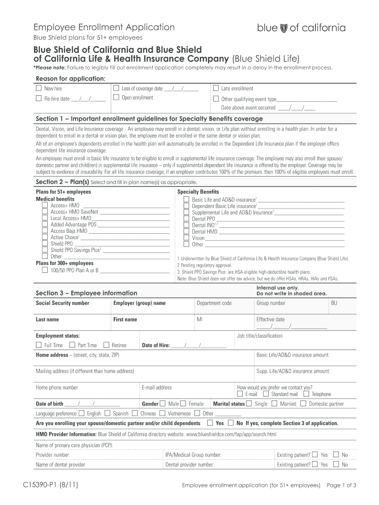 Fillable Online Employee Enrollment Application Blue Shield of ...