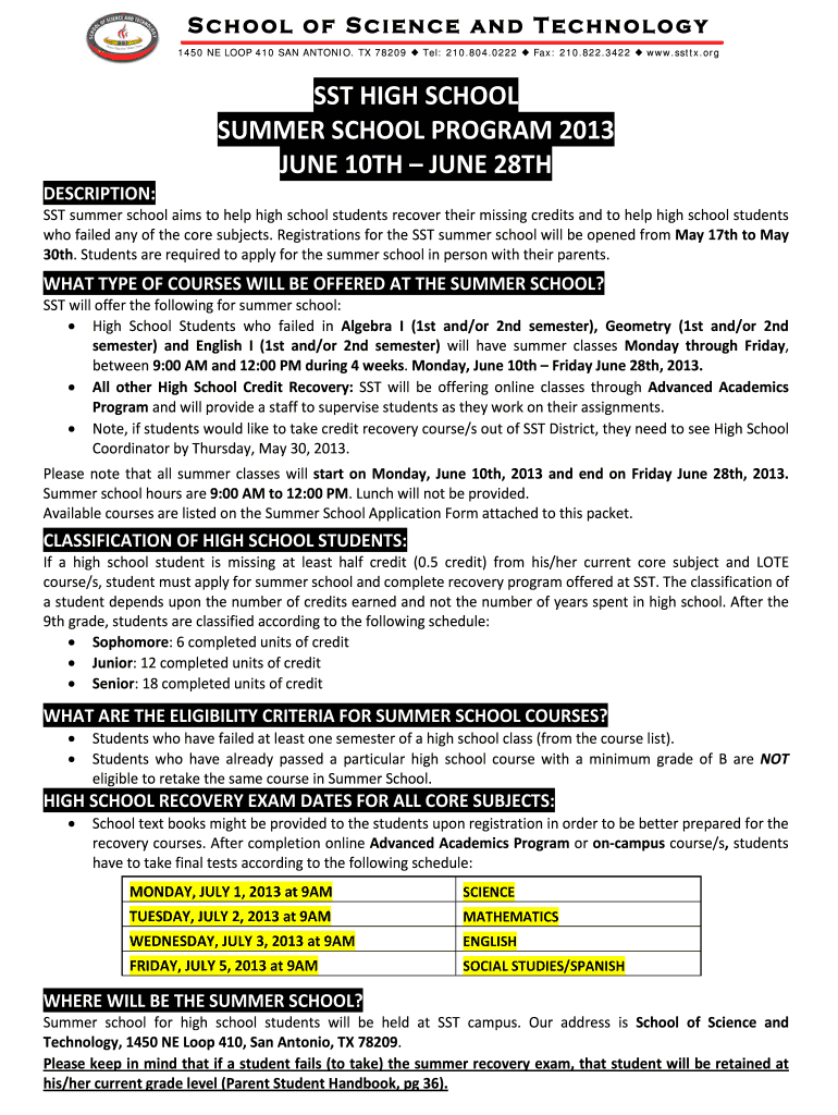Fillable Online ssttx SST HIGH SCHOOL Fax Email Print - pdfFiller