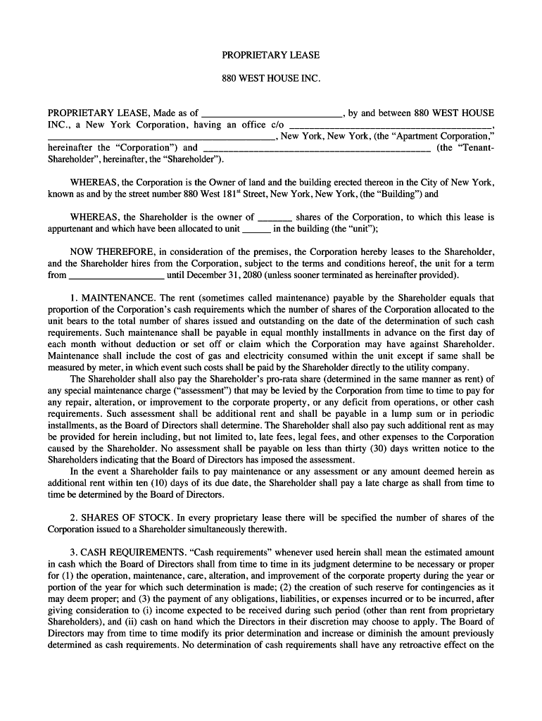 Proprietary Lease - Fill Online, Printable, Fillable, Blank | pdfFiller