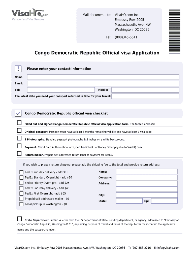 Fillable Online Congo Democratic Republic Visa Application for Citizens ...