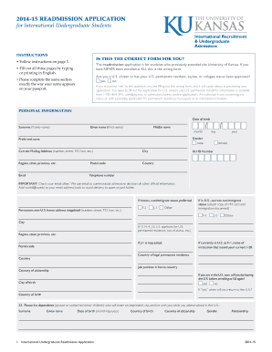 Fillable Online admissions ku 2014-15 readmIssIon applIcatIon for ...