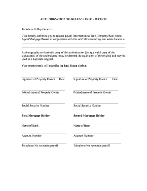 Fillable Online mybighill AUTHORIZATION TO RELEASE PAYOFF Payoff Authorization - mybighill Fax ...