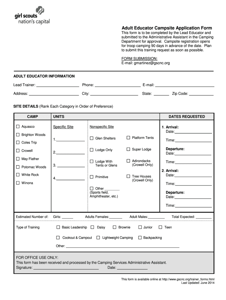 Fillable Online gscnc Adult Educator Campsite Application Form Fax ...