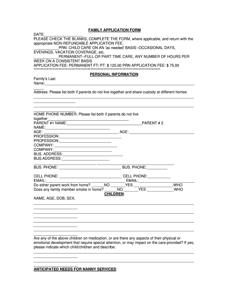 Fillable Online neighborhoodnannies FAMILY APPLICATION FORM ...