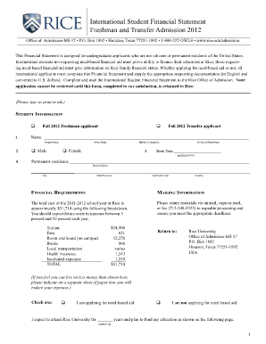 Fillable Online music rice International Student Financial Statement ...
