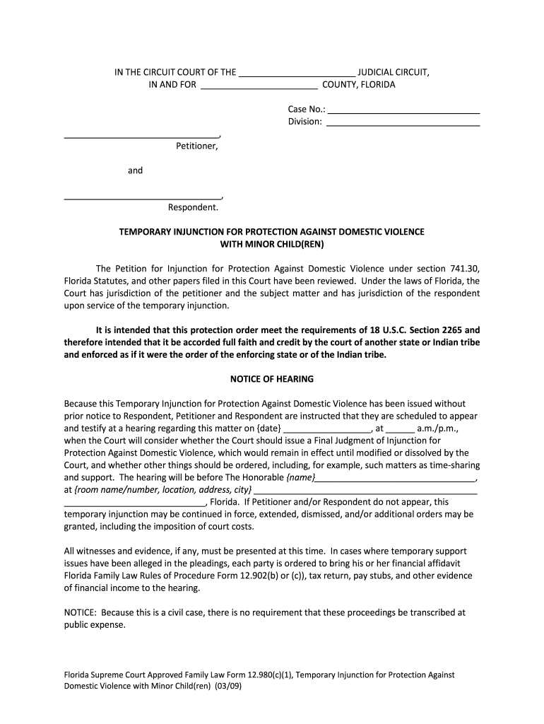 Florida Supreme Court Approved Family Law Form 12.980(c)(1), Temporary ...