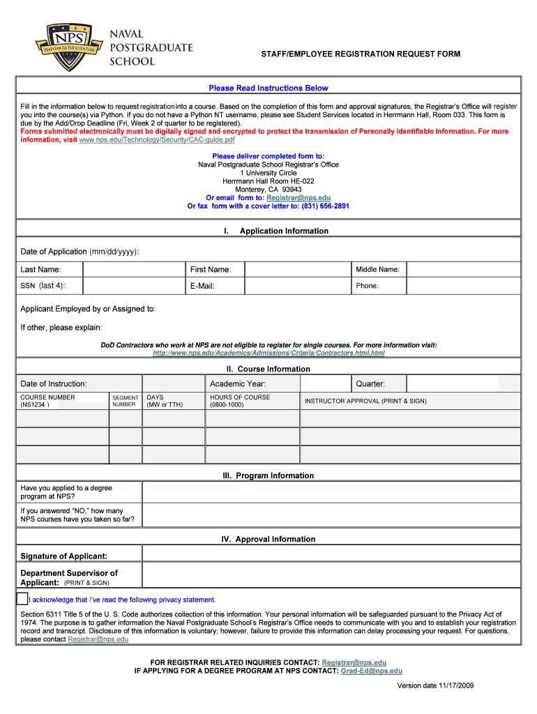 Fillable Online nps STAFFEMPLOYEE REGISTRATION REQUEST FORM Fax Email ...