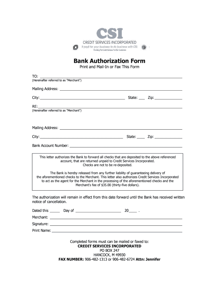 Fillable Online Bank Authorization Form - Credit Service Incorporated ...