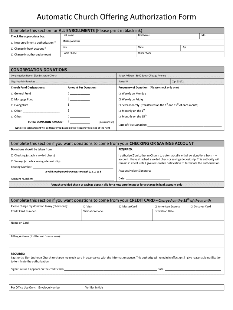 Fillable Online Automatic Church Offering Authorization Form - Zion ...