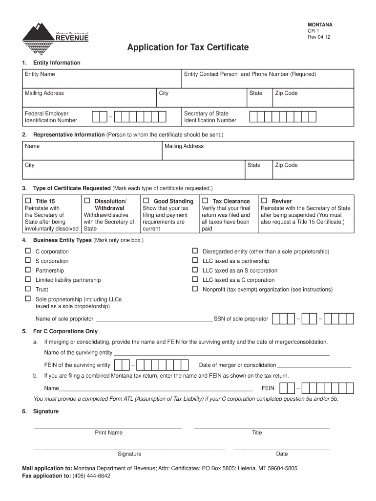 Fillable Online revenue mt Application for Tax Certificate - Montana Department of Revenue Fax ...