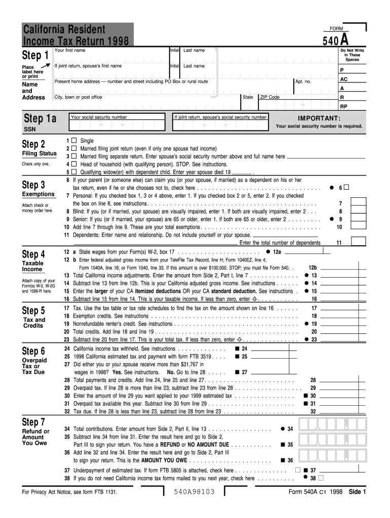 Fillable Online ftb ca Income Tax Return 1998 Fax Email Print - pdfFiller