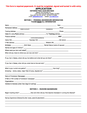 Fillable Online Race application - Iditarod Fax Email Print - pdfFiller